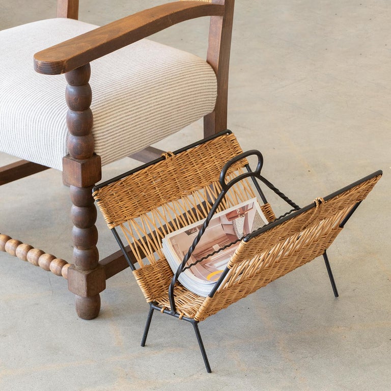 French Wicker and Iron Magazine Rack For Sale at 1stDibs