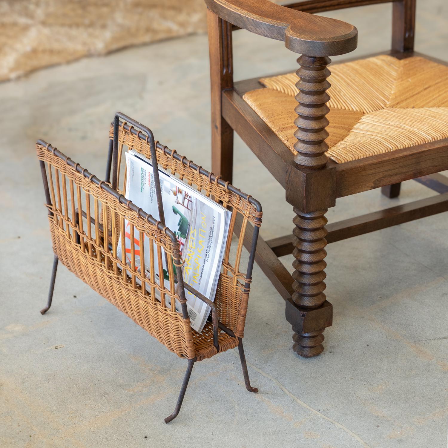 French Wicker and Iron Magazine Rack For Sale at 1stDibs