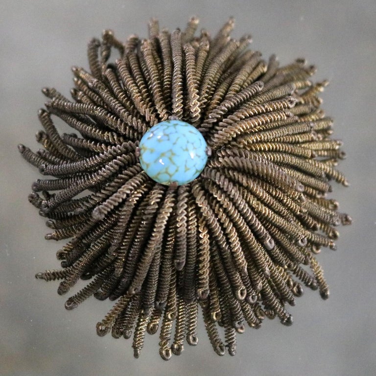 French Wire Fringe Spider Chrysanthemum Brooch Signed Déposé Goldtone ...