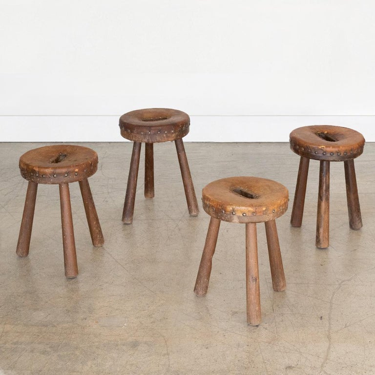 French Wood and Leather Tripod Stool For Sale at 1stDibs