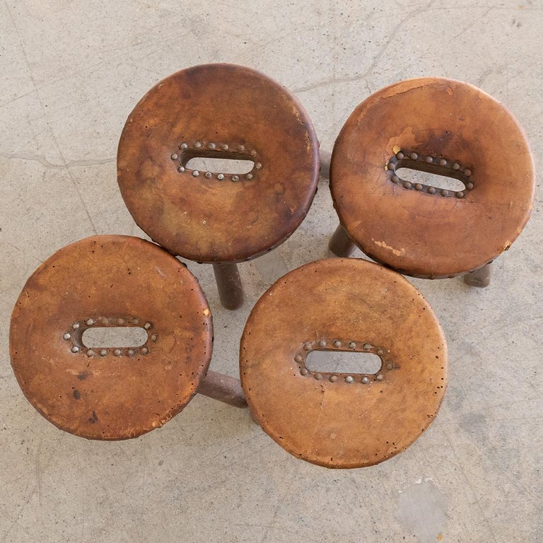 French Wood and Leather Tripod Stool For Sale at 1stDibs