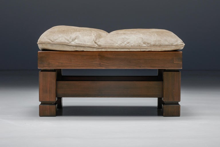 French Wooden Footstool with Leather Cushion, 1960s at 1stDibs