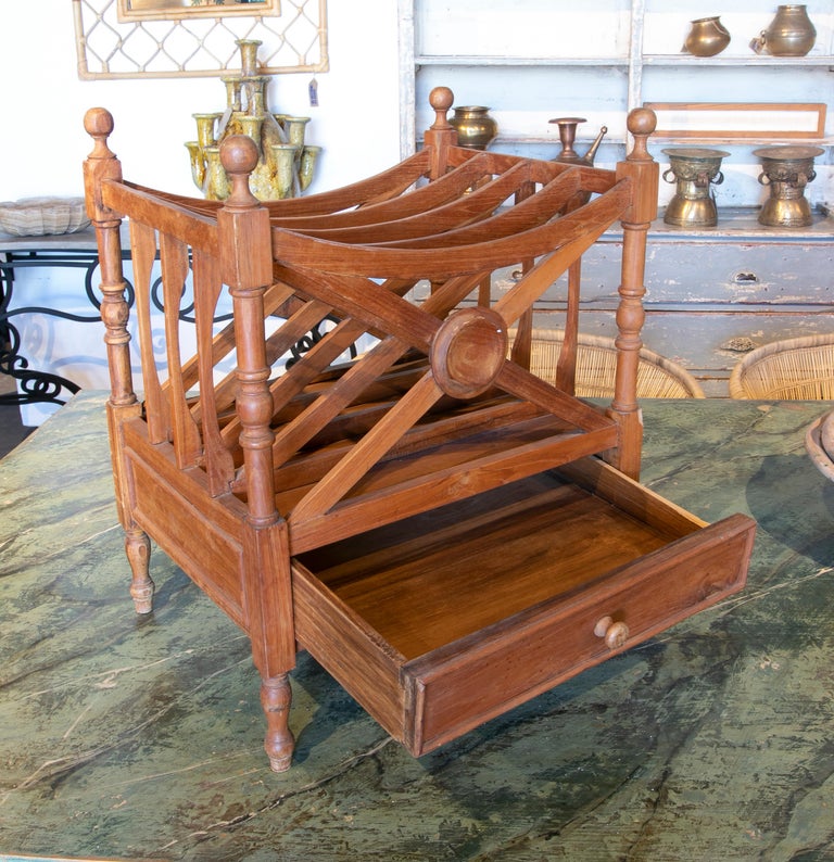 French Wooden Magazine Rack with Drawer at 1stDibs