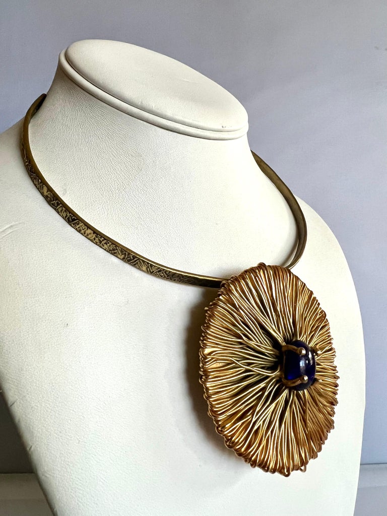 French Wrapped Gilt Bronze Blue Cab Pendant Necklace For Sale at 1stDibs