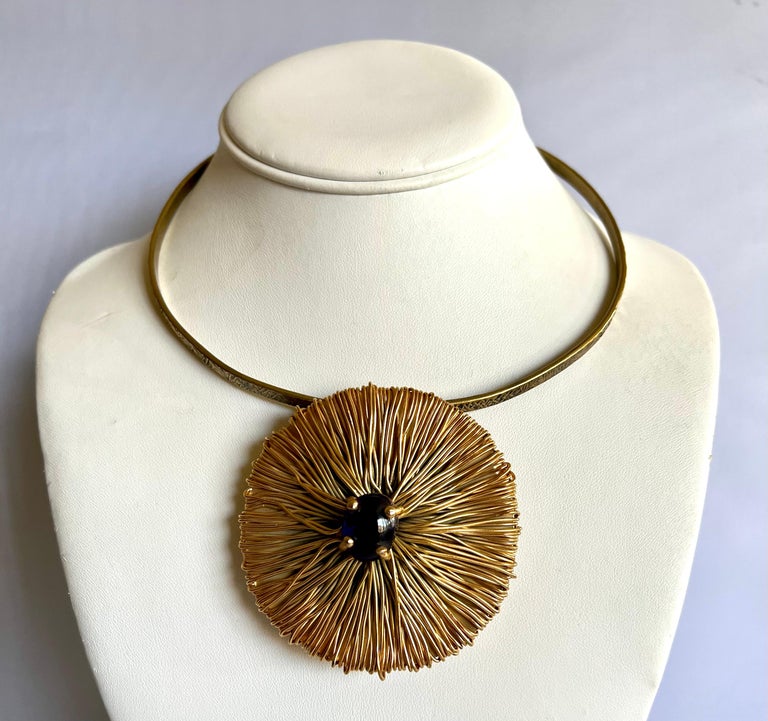 French Wrapped Gilt Bronze Blue Cab Pendant Necklace For Sale at 1stDibs