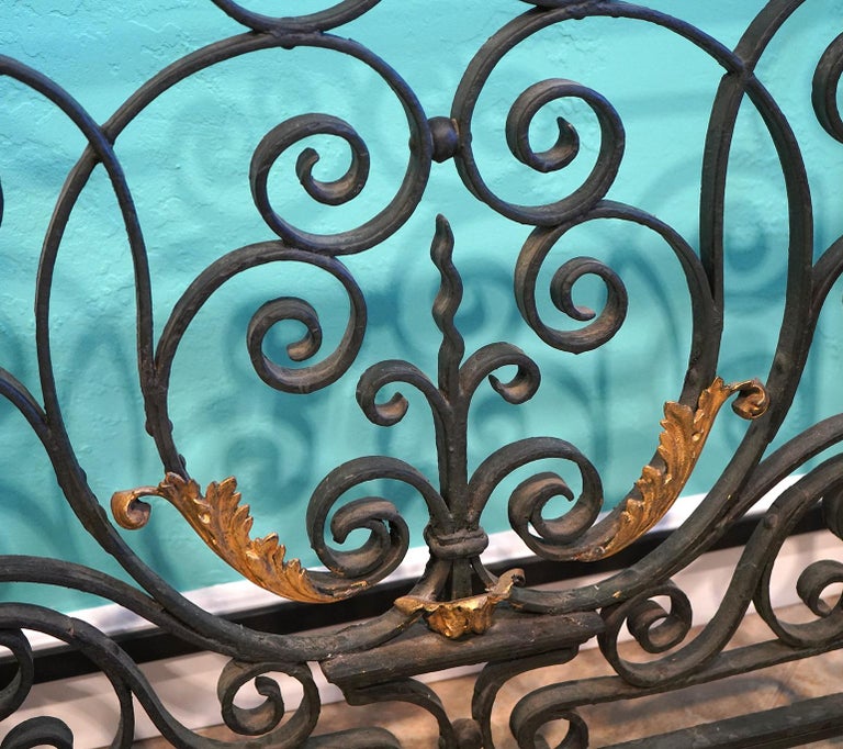 French, Wrought Iron and Gilt Glass Top Console Table with Scrolls and ...