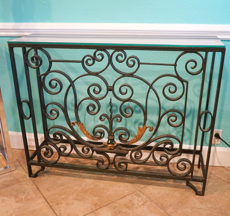 French, Wrought Iron and Gilt Glass Top Console Table with Scrolls and ...