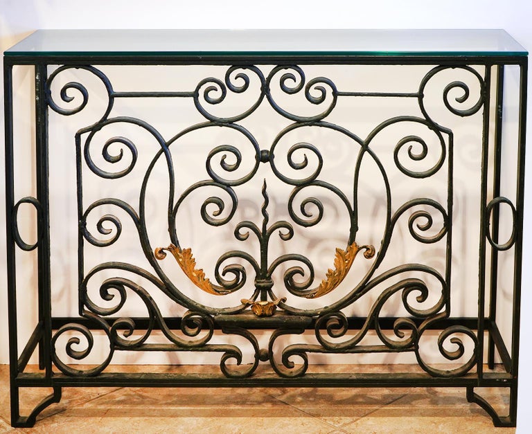 French, Wrought Iron and Gilt Glass Top Console Table with Scrolls and ...