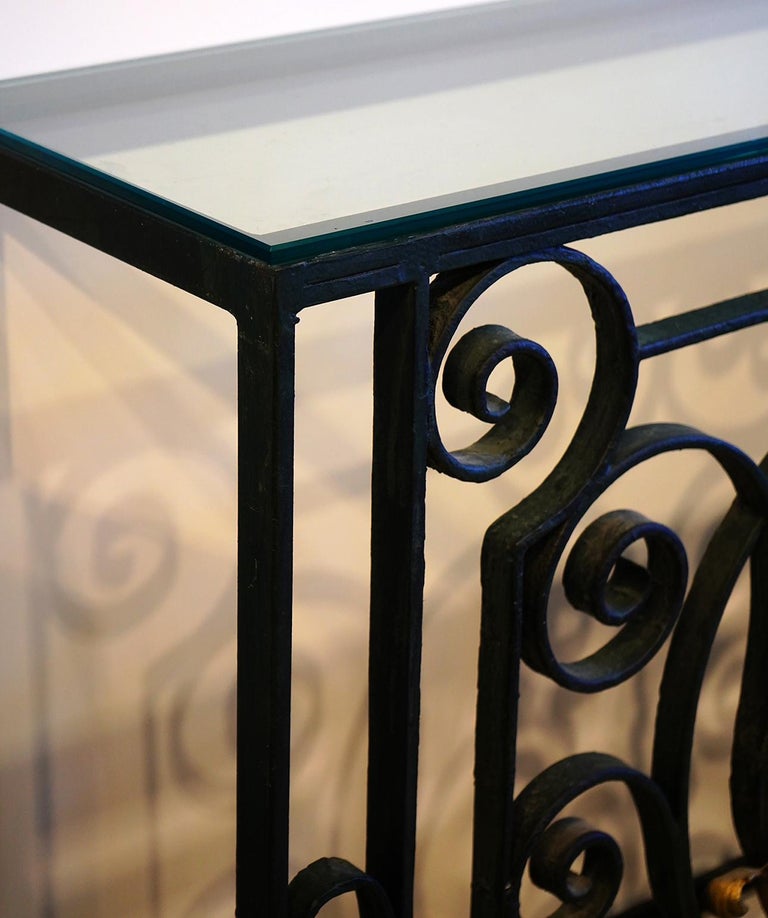 French, Wrought Iron and Gilt Glass Top Console Table with Scrolls and ...