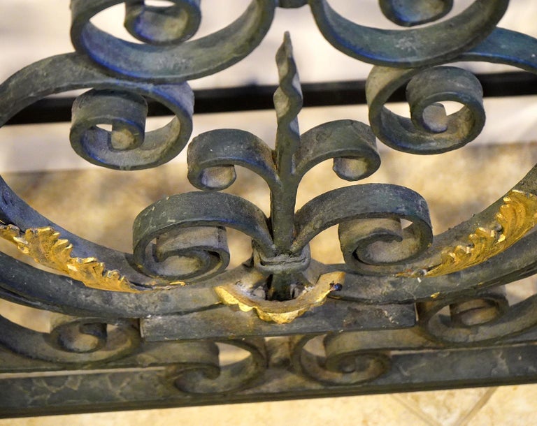 French, Wrought Iron and Gilt Glass Top Console Table with Scrolls and ...