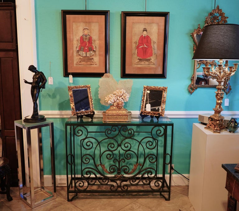 French, Wrought Iron and Gilt Glass Top Console Table with Scrolls and ...