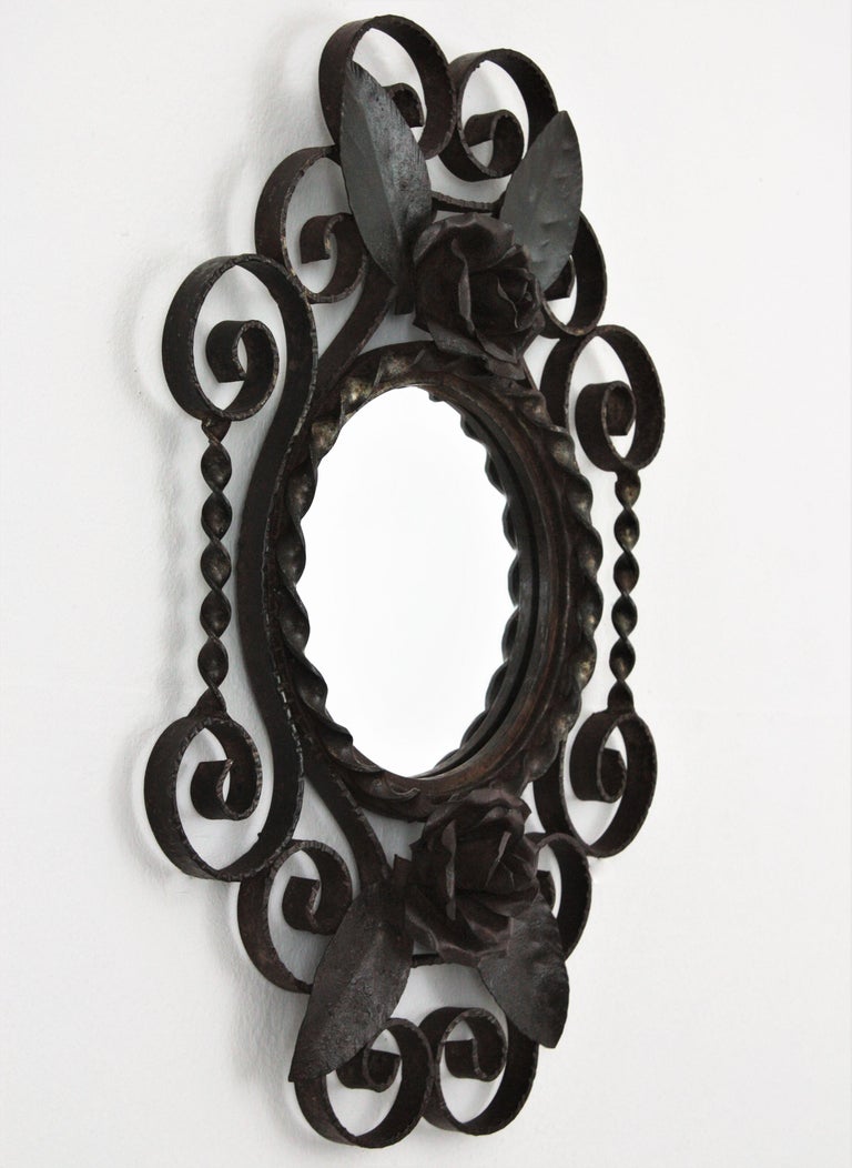 French Wrought Iron Wall Mirror with Scroll Work and Floral Details ...