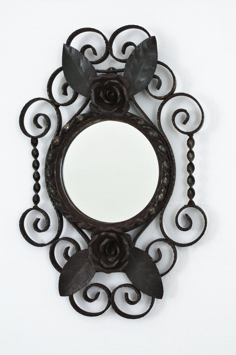 French Wrought Iron Wall Mirror with Scroll Work and Floral Details ...
