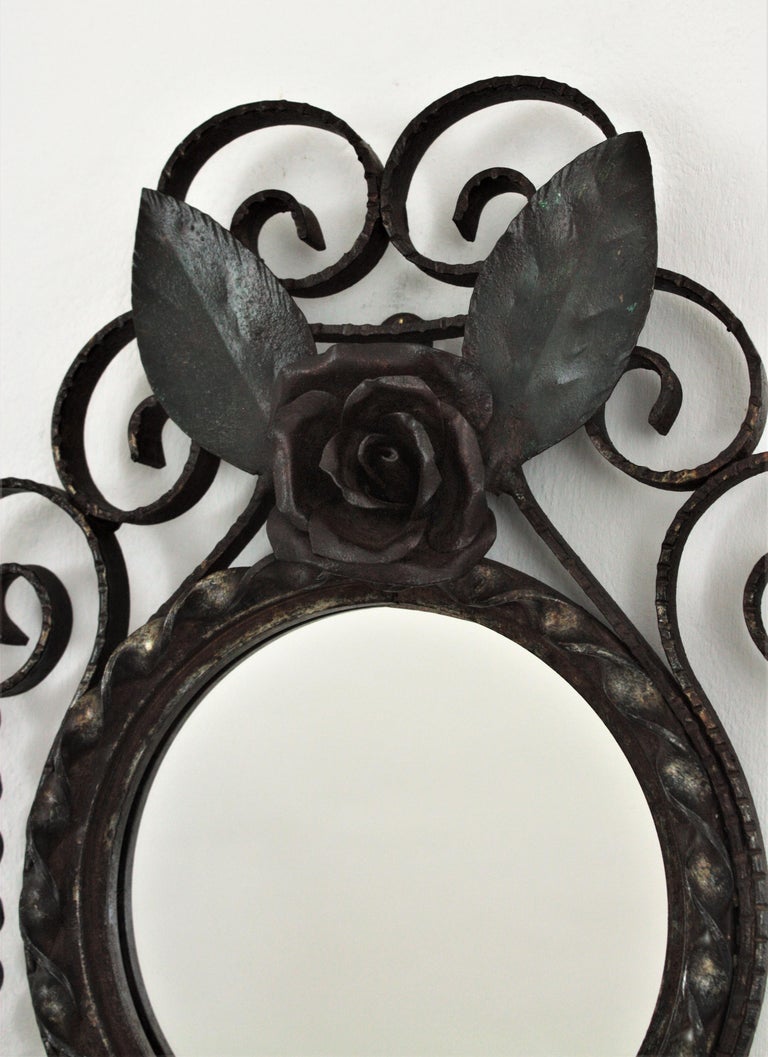 French Wrought Iron Wall Mirror with Scroll Work and Floral Details ...