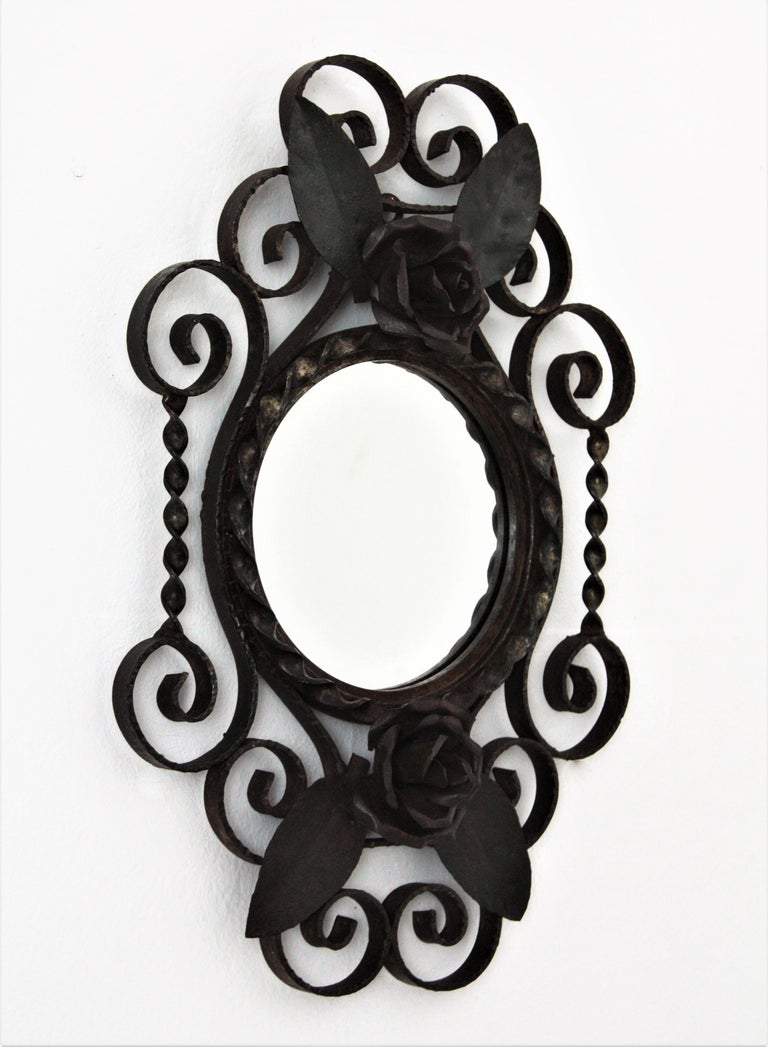 French Wrought Iron Wall Mirror with Scroll Work and Floral Details ...