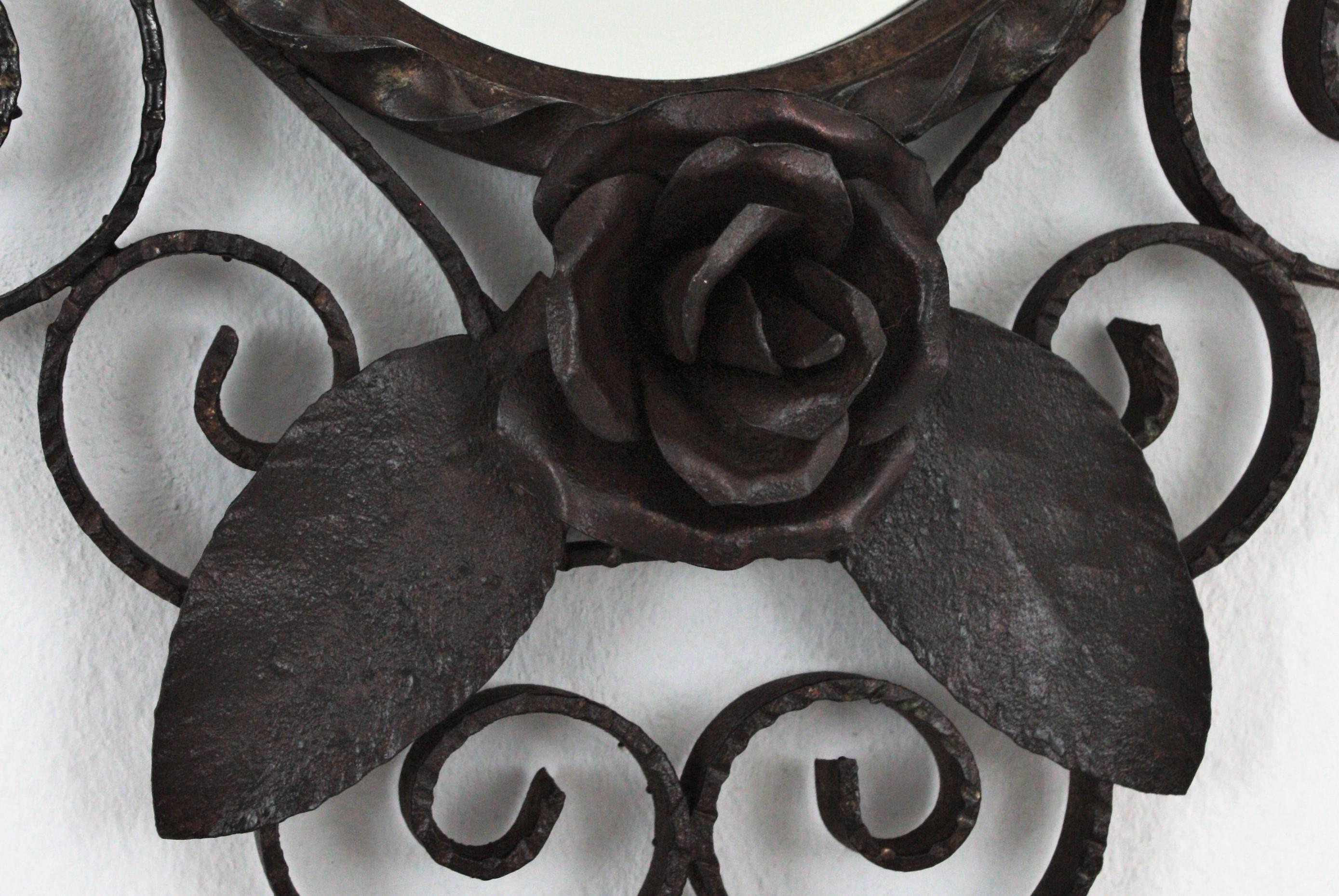 French Wrought Iron Wall Mirror with Scroll Work and Floral Details ...