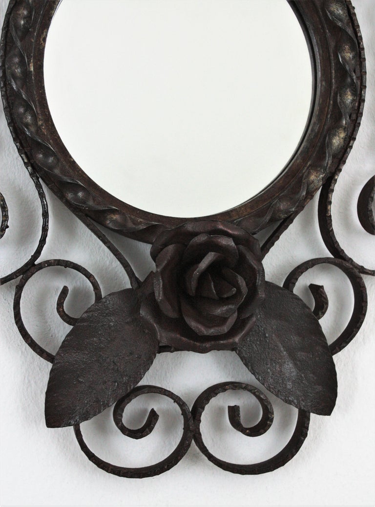 French Wrought Iron Wall Mirror with Scroll Work and Floral Details ...