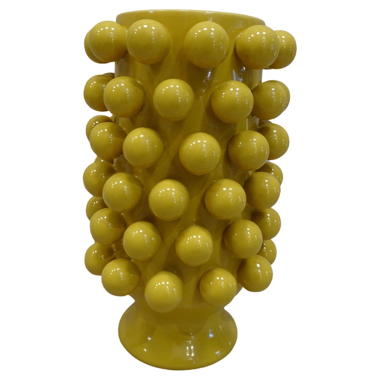French Yellow Ceramic Vase with Balls After Lalique at 1stDibs