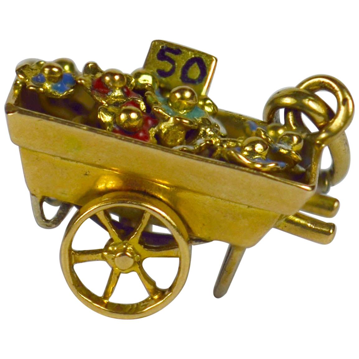 French Yellow Gold Enamel Flower Cart Charm Pendant at 1stDibs