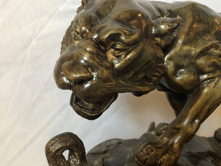 French Zinc Tiger Challenging a Rattlesnake on Marble Base Mantle Clock ...