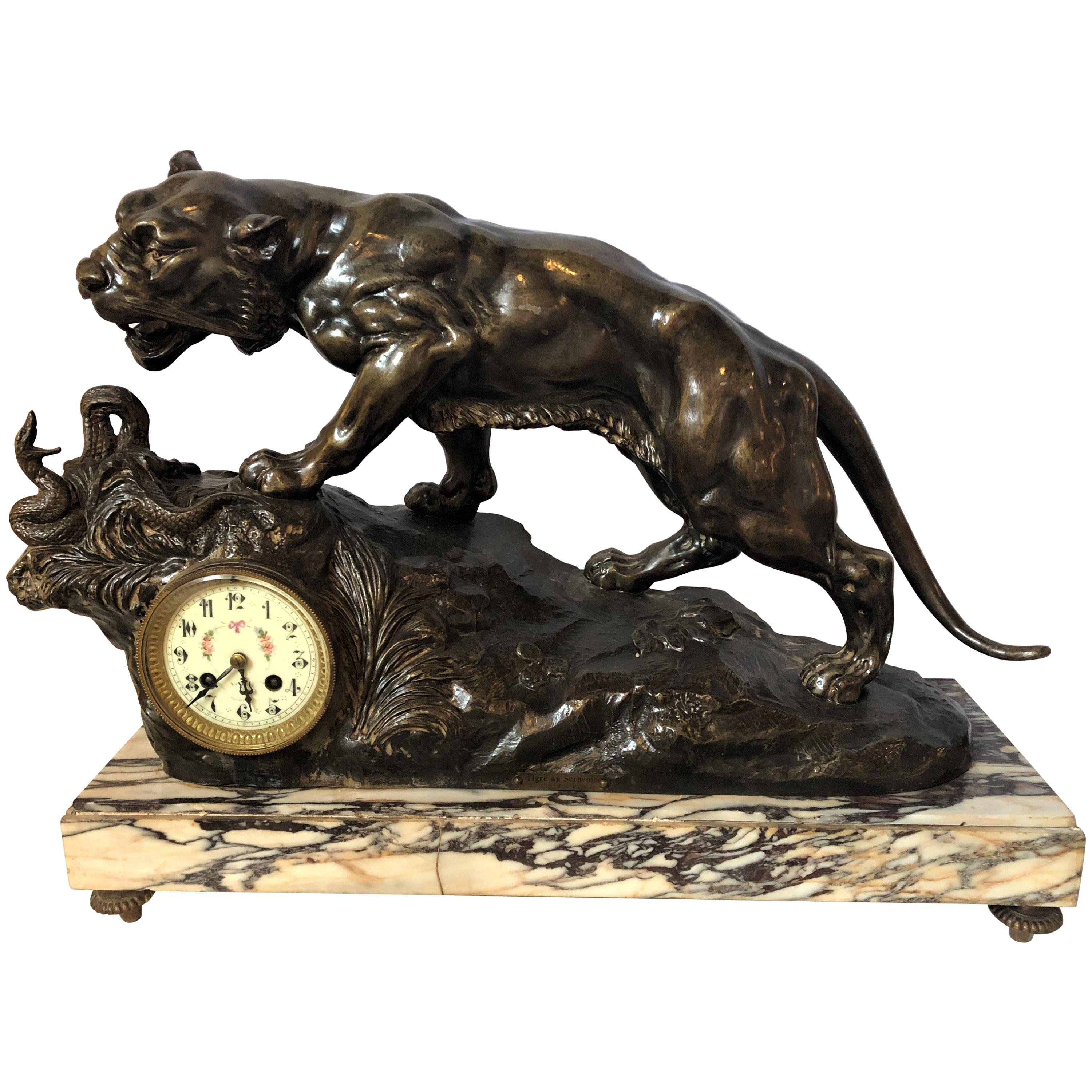 French Zinc Tiger Challenging a Rattlesnake on Marble Base Mantle Clock ...