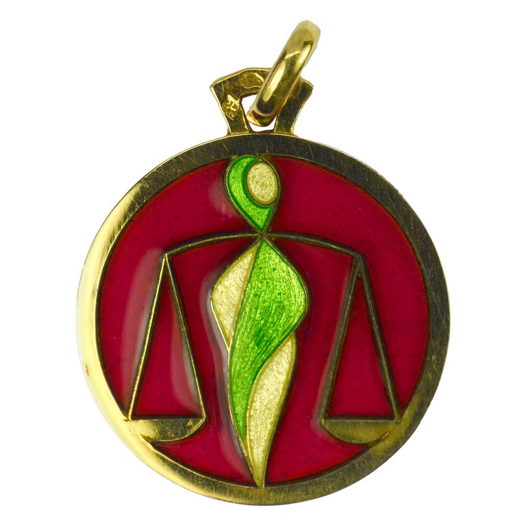 French Zodiac Libra Plique A Jour Enamel 18K Yellow Gold Charm Pendant ...