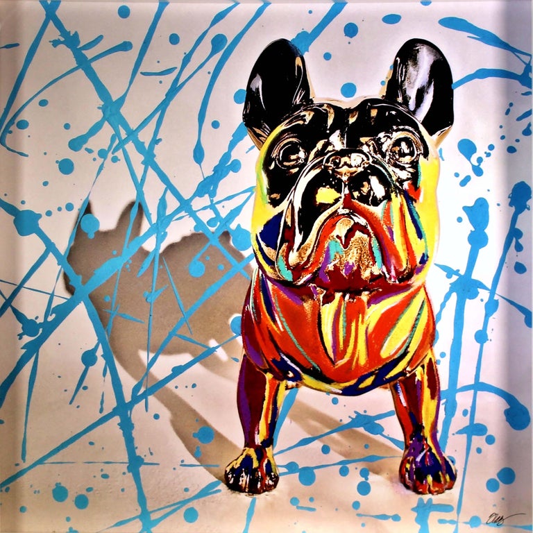 Frenchie Shadowbox Print Blue Splatter Paint Signed Krista Reay Berman ...