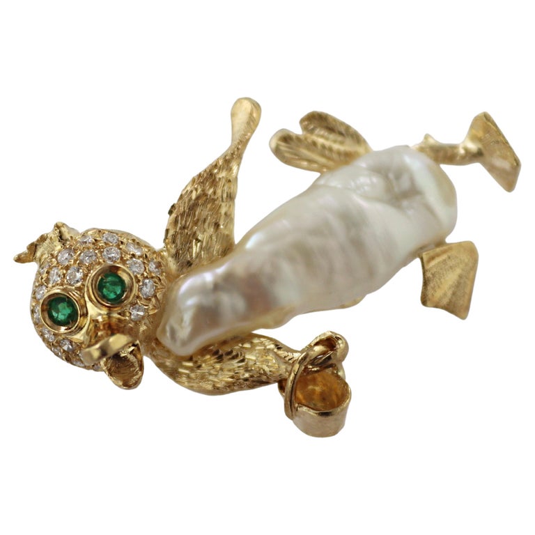 Fresh Water Cultured Pearl, Emerald, Diamond, 14k Yellow Gold Duck ...