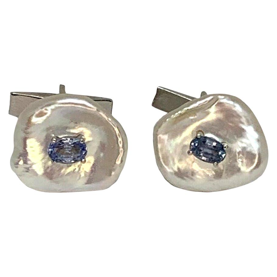 Fresh Water Pearl Sapphire Cufflinks 14k Gold Designer Certified For ...