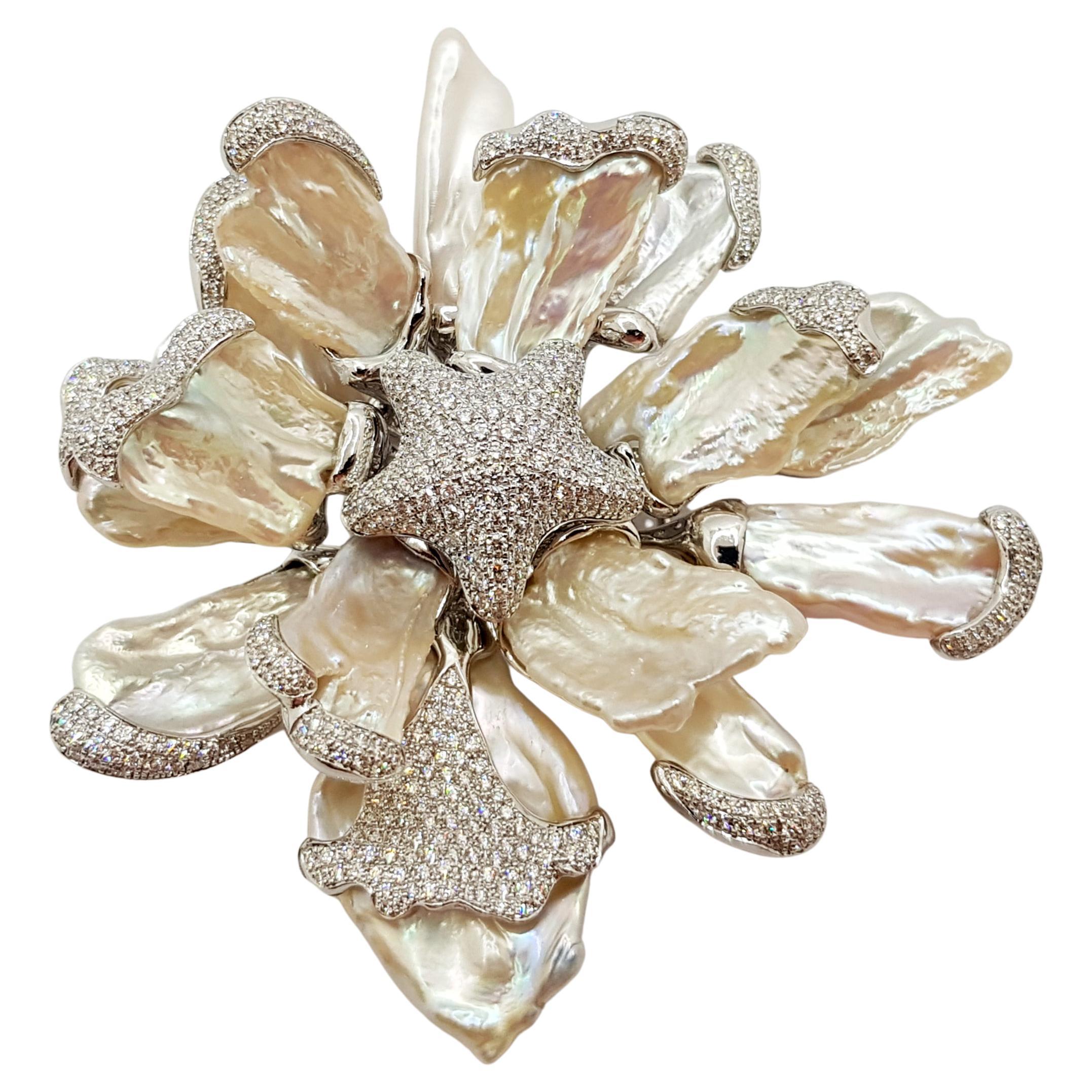 RUSER Fresh Water Pearl Diamond Flower Brooch For Sale at 1stDibs