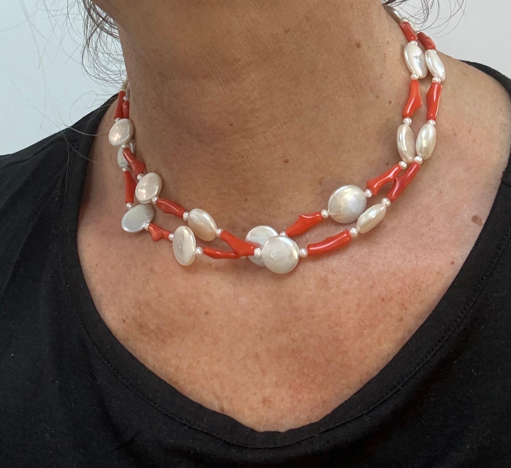 Freshwater Coin Pearl Coral Two Strand Necklace For Sale at 1stDibs