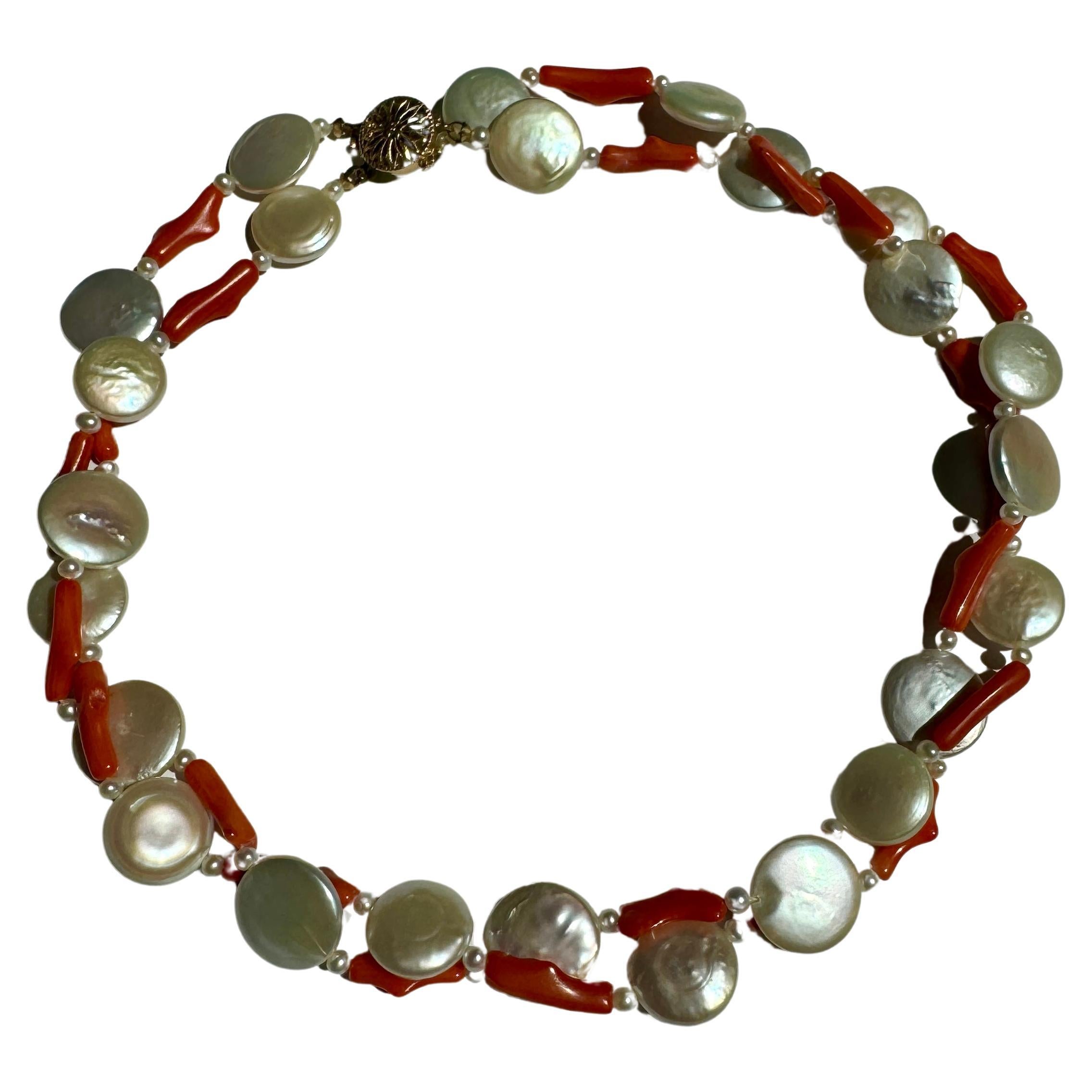 Freshwater Keshi Pearl Coral Two Strand Necklace For Sale at 1stDibs