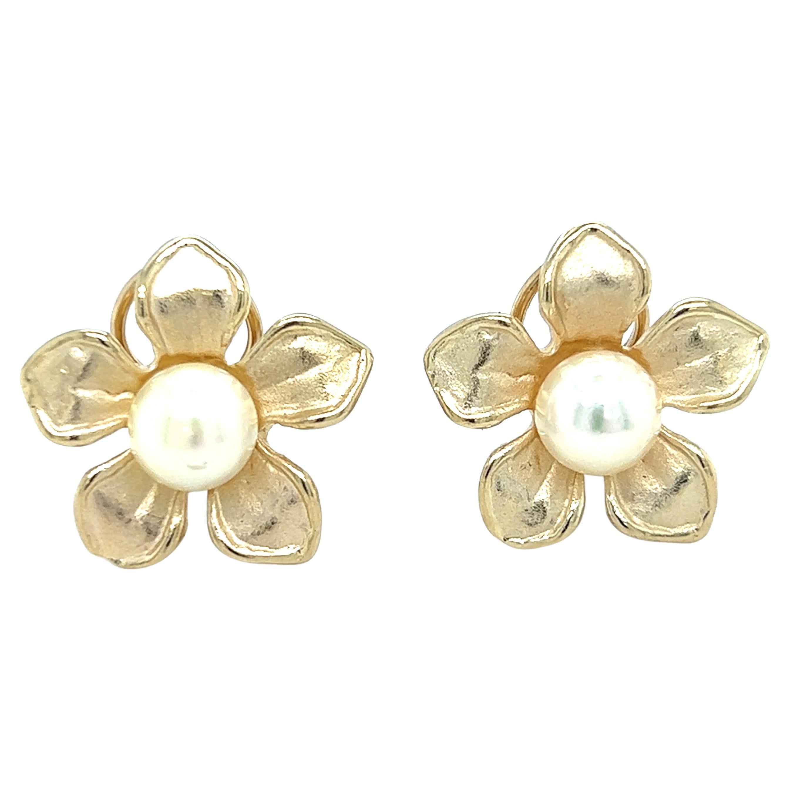 Freshwater Cultured Pearl Flower Design Earrings in 14k Yellow Gold For ...