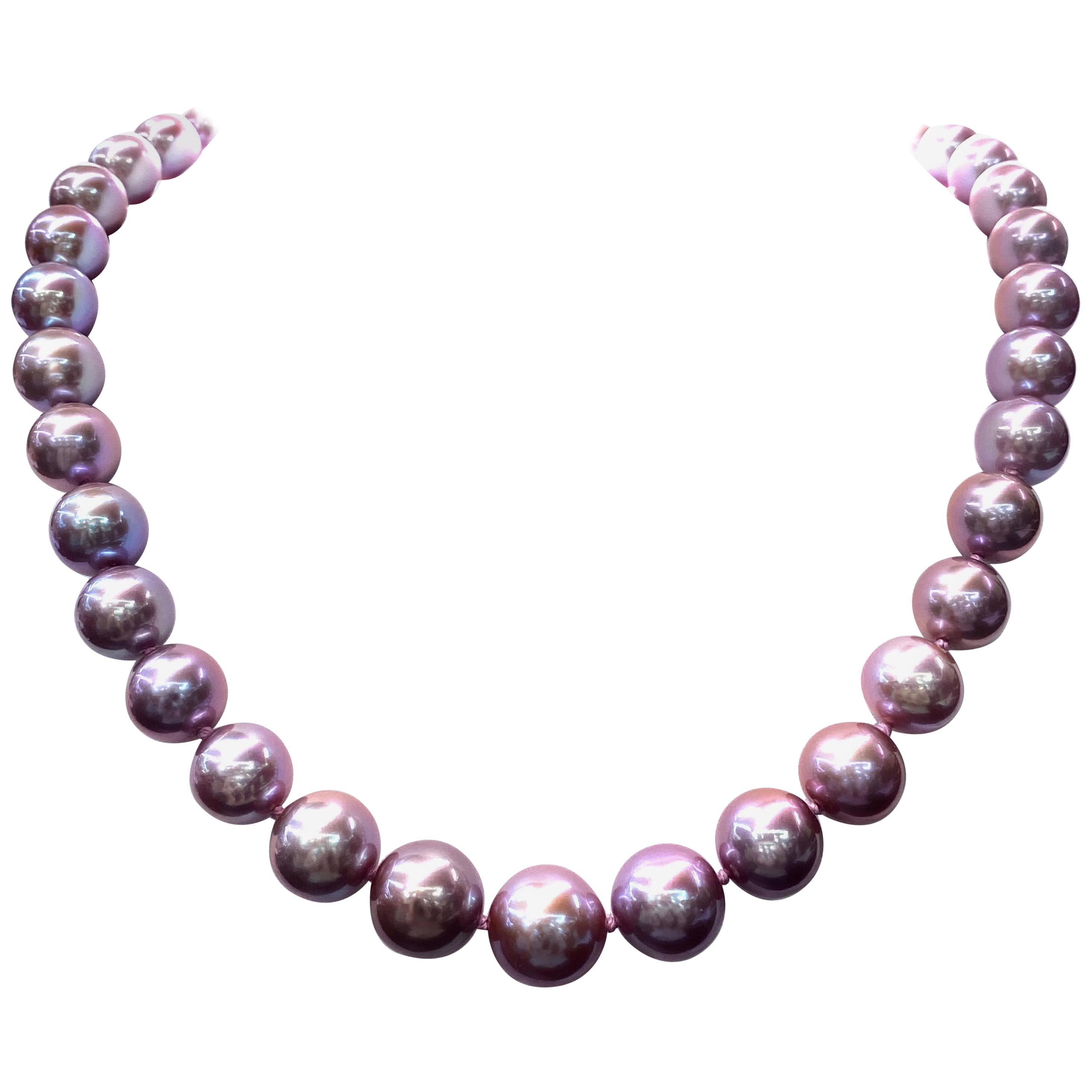 Freshwater Lavender Stand Pearl Necklace 14 Karat White Gold For Sale
