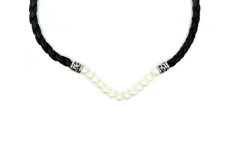 Freshwater Pearl Black Leather Braid Necklace With Sterling Silver