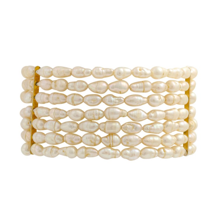 Freshwater Pearl Bracelet, 7 Rows with an Elongated Clasp Set with ...