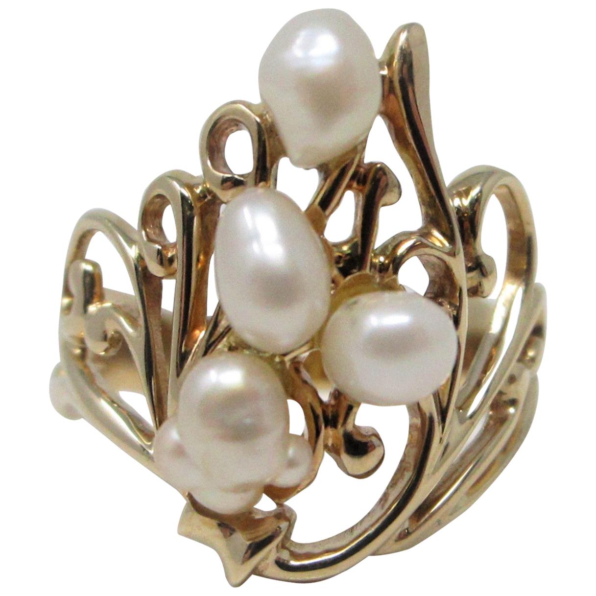 14 Karat Freshwater Pearl Cluster Ring For Sale at 1stDibs