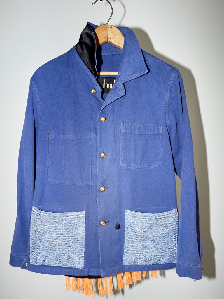 Embellished Fringe Jacket Blue Cotton French Work Wear Small For Sale ...