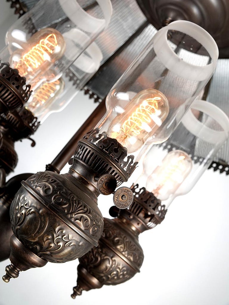 Frink Five Oil Lamp Mirrored Reflector Chandelier For Sale at 1stDibs