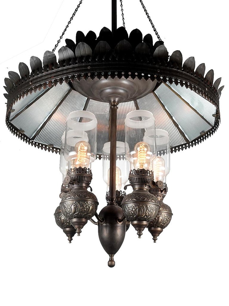 Frink Five Oil Lamp Mirrored Reflector Chandelier For Sale at 1stDibs