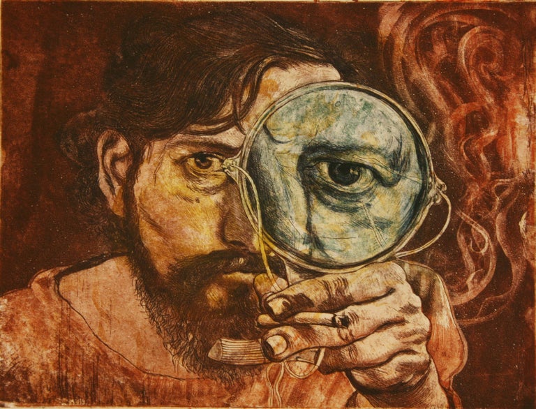 Fritz Aigner - Selbstporträt mit Lupe (rot) / Autoportrait avec une ...