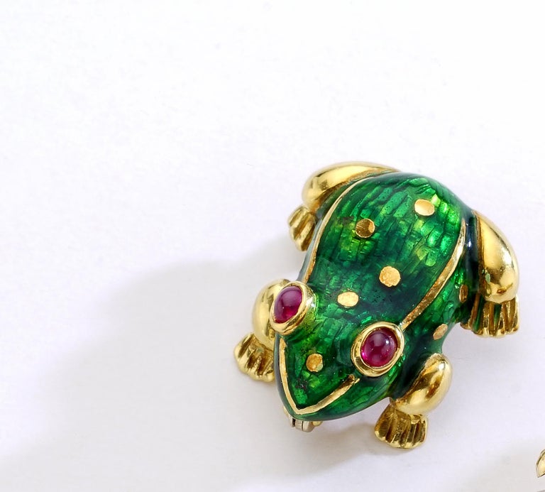 Frog Gold Enamel Ruby Clip Brooch For Sale at 1stdibs