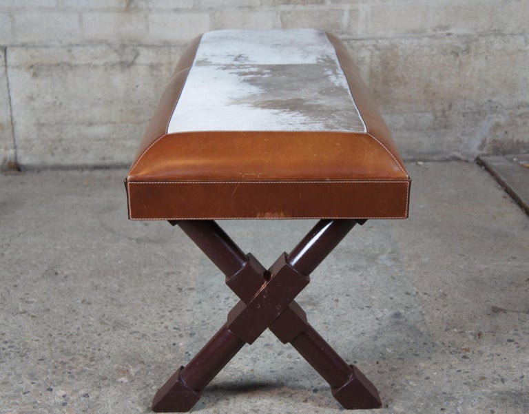 Frontgate X-Frame Brown Leather and Cowhide Bench Seat at 1stDibs