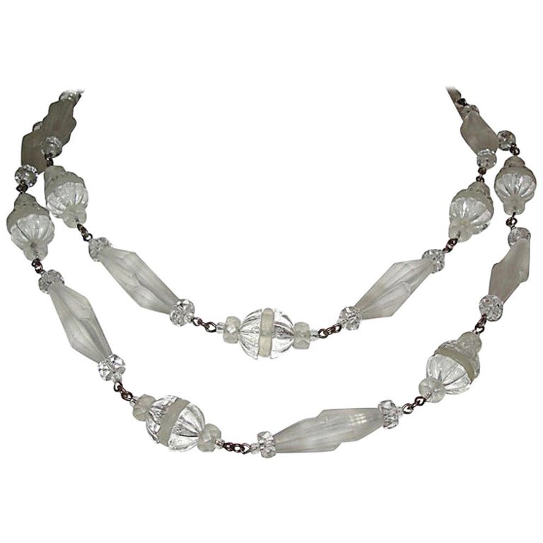 Frosted Camphor Glass Bead Flapper Necklace For Sale at 1stDibs