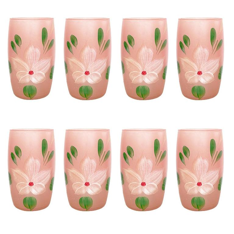 Frosted Glass Floral Motif Pink Hand Painted Drinking Glasses, Set of 8 ...