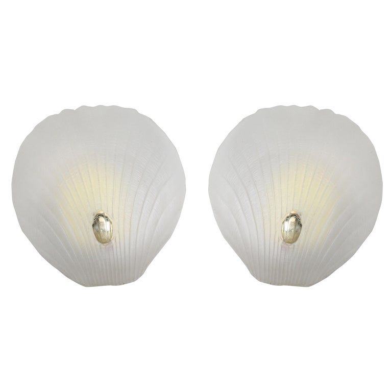 Frosted Glass Shell and Brass Wall Sconces at 1stDibs