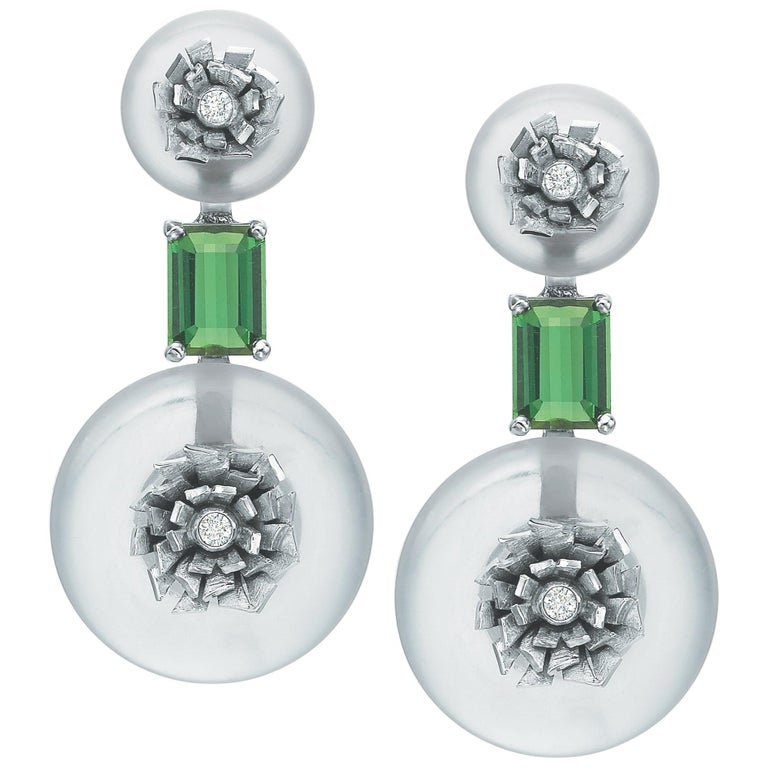 Frosted Rock Crystal, Tourmaline and Diamond Earrings at 1stDibs