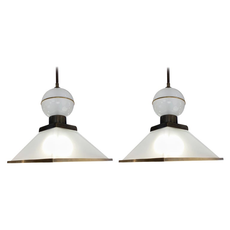 Frosted White Glass Pair of Pyramid Shape Pendant Lights, Italy ...