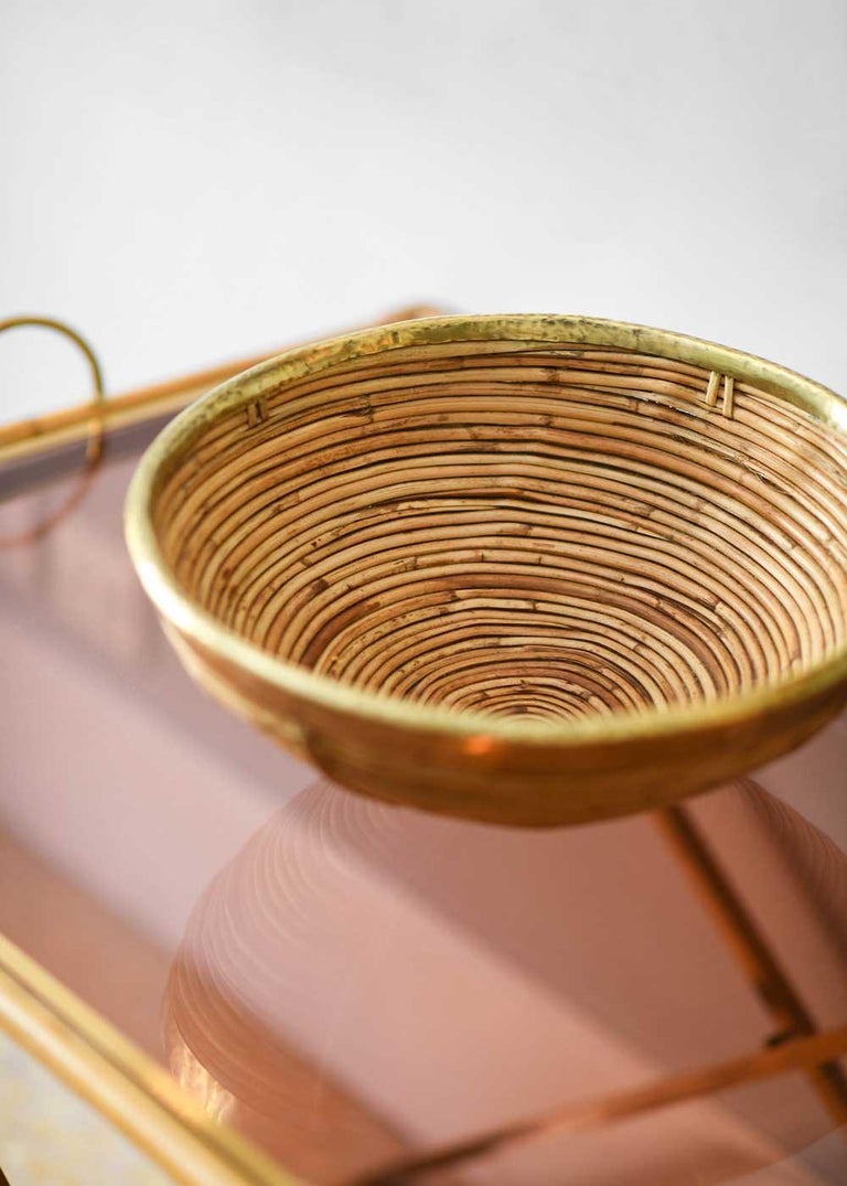 Fruit Tray in Wicker and Brass, 1960s For Sale at 1stDibs
