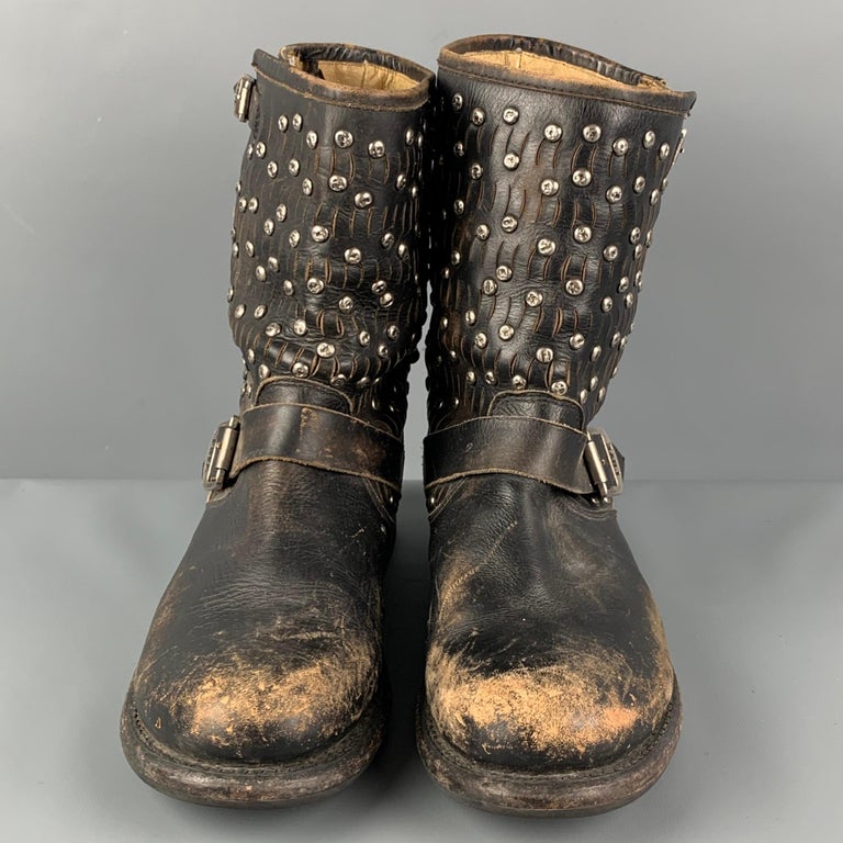 FRYE Size 11 Black Leather Distressed Studded Ankle Boots For Sale at ...